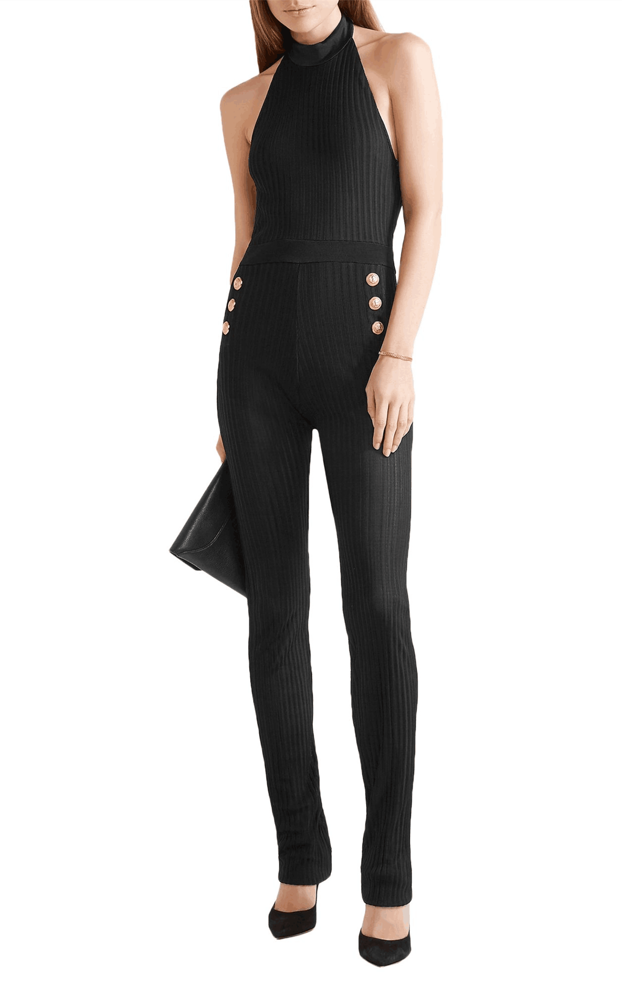 Herve Leger Bandage Dress Jumpsuit Halter Neck Buttons Black